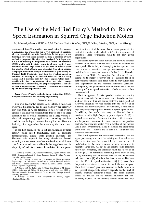 Pdf The Use Of The Modified Pronys Method For Rotor Speed Estimation