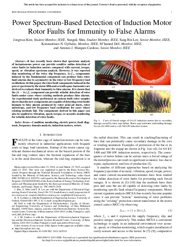 Pdf Power Spectrum Based Detection Of Induction Motor Rotor Faults For Immunity To False Alarms