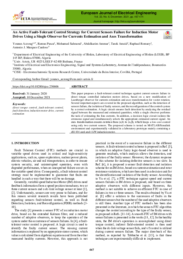 (PDF) An Active Fault-Tolerant Control Strategy for Current Sensors Failure for Induction Motor ...