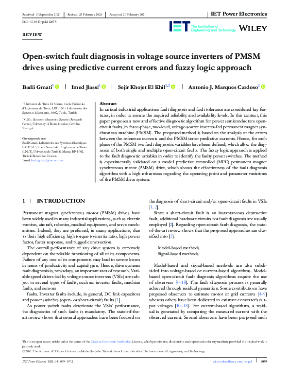 (PDF) Open‐switch fault diagnosis in voltage source inverters of PMSM drives using predictive ...