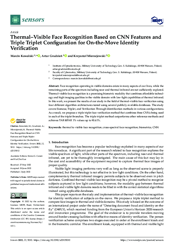 Pdf Thermal Visible Face Recognition Based On Cnn Features And Triple Triplet Configuration
