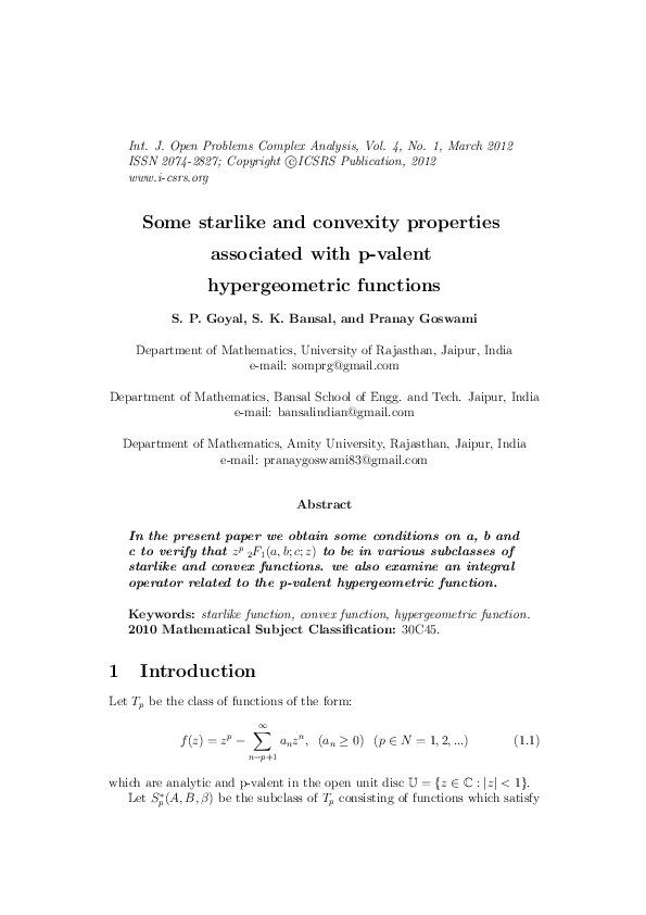 Pdf Some Starlike And Convexity Properties Associated With P Valent Hypergeometric Functions