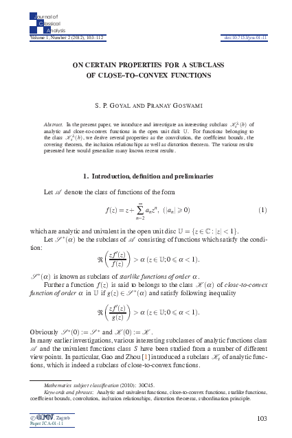 Pdf On Certain Properties For A Subclass Of Close To Convex Functions