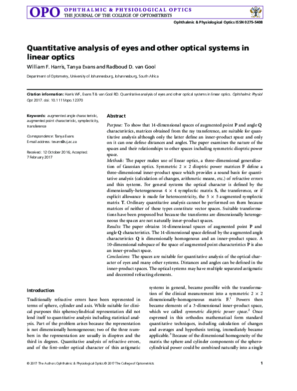 (PDF) Quantitative analysis of eyes and other optical systems in linear optics