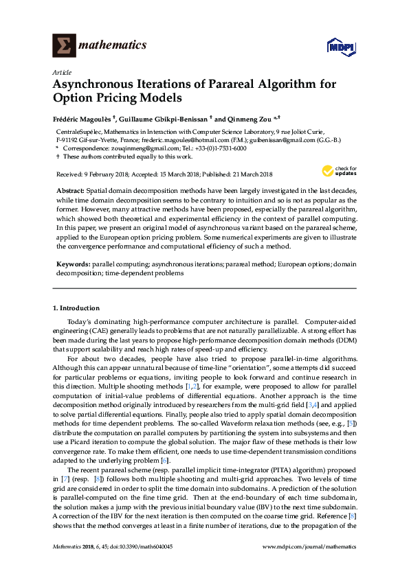 Pdf Asynchronous Iterations Of Parareal Algorithm For Option Pricing