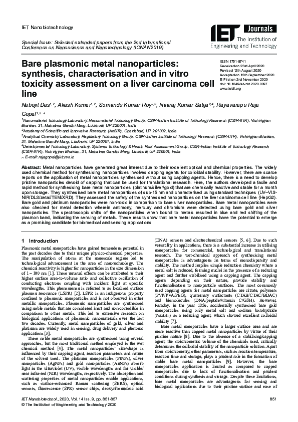 (PDF) Bare plasmonic metal nanoparticles: synthesis, characterisation ...