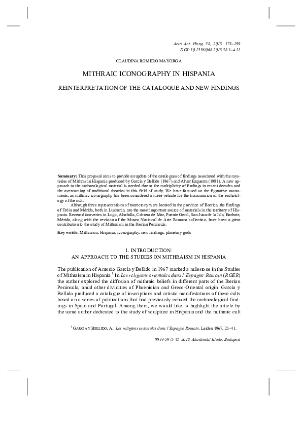 (PDF) Mithraic Iconography in Hispania