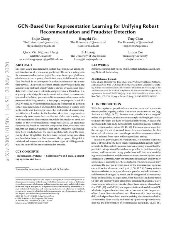 (PDF) GCN-Based User Representation Learning for Unifying Robust Recommendation and Fraudster ...