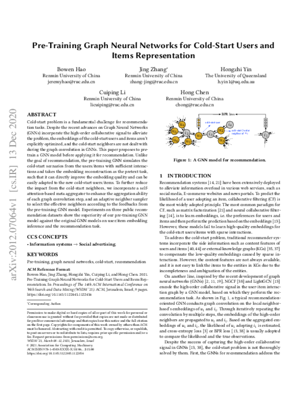 Pdf Pre Training Graph Neural Networks For Cold Start Users And Items Representation 
