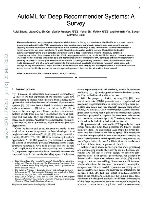 (PDF) AutoML for Deep Recommender Systems: A Survey