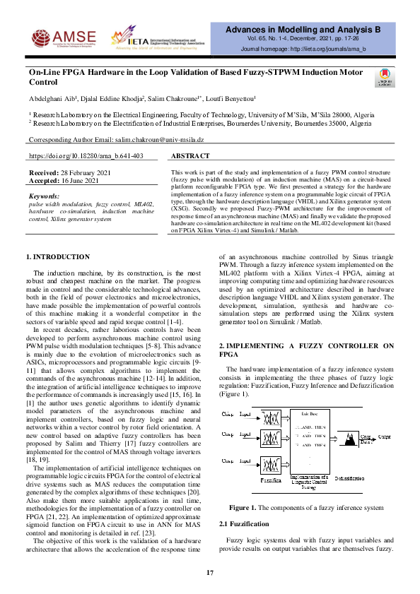Pdf On Line Fpga Hardware In The Loop Validation Of Based Fuzzy Stpwm