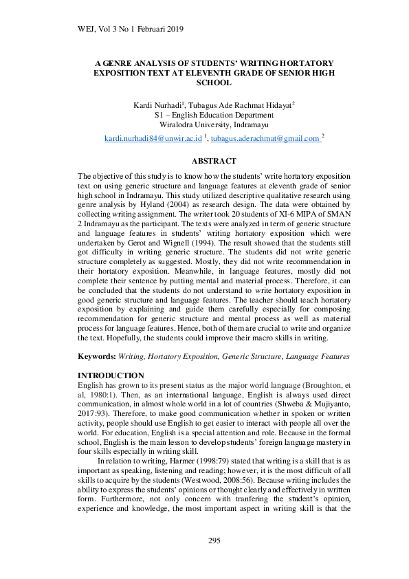 (PDF) A Genre Analysis of Students’ Writing Hortatory Exposition Text at Eleventh Grade of ...