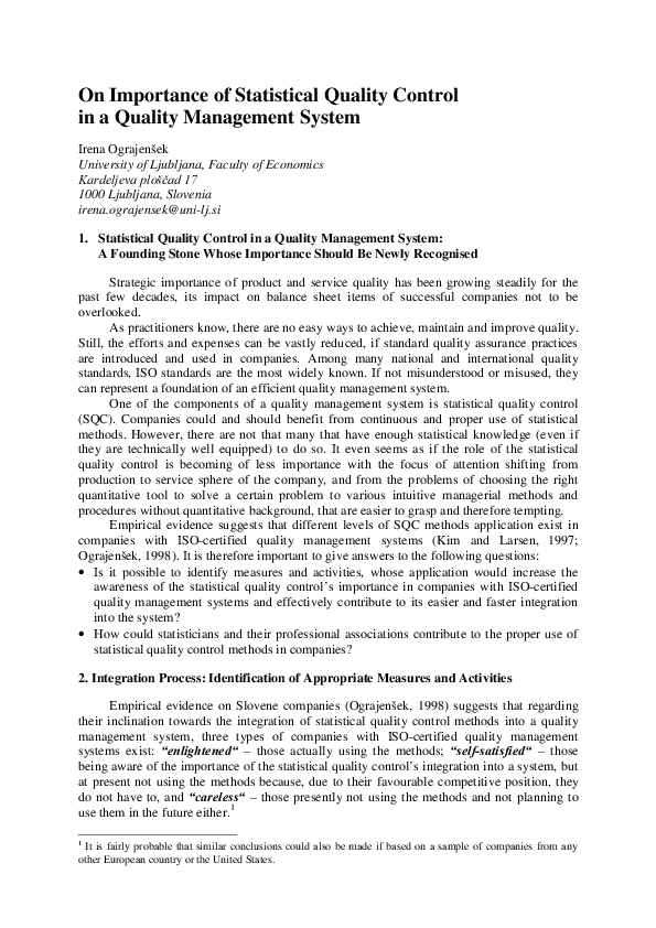 (PDF) On Importance of Statistical Quality Control in a Quality ...