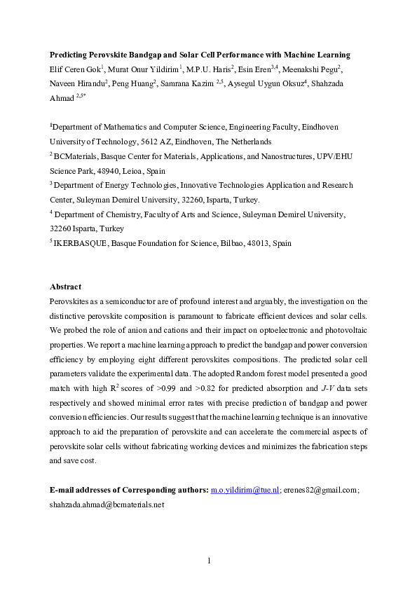 (PDF) Predicting Perovskite Bandgap and Solar Cell Performance with Machine Learning