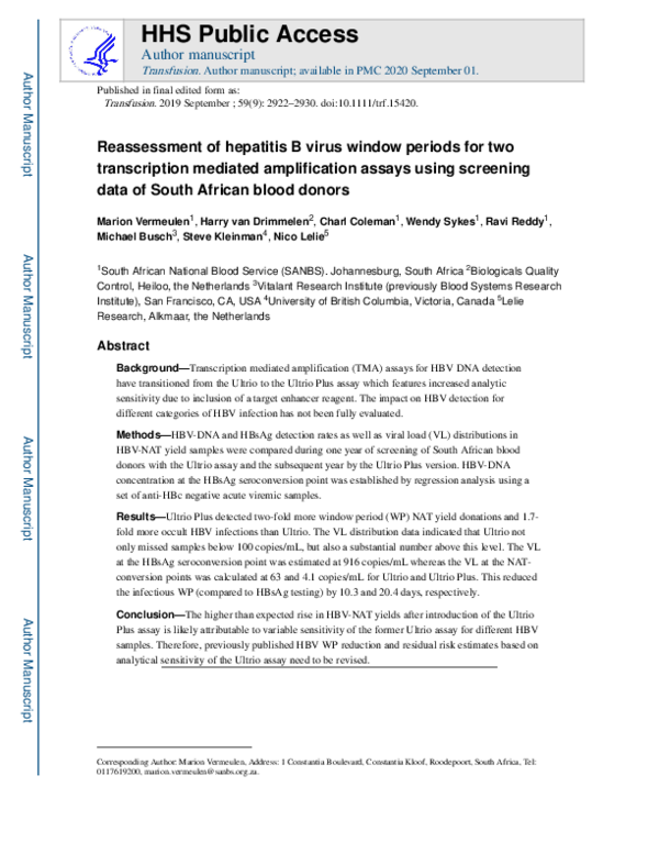 (PDF) Reassessment of hepatitis B virus window periods for two ...
