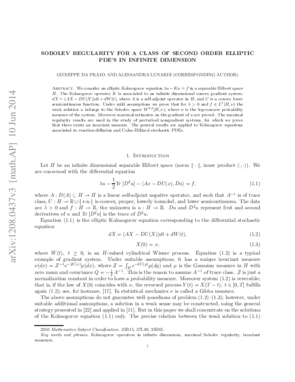 (PDF) 4 Sobolev Regularity for a Class of Second Order Elliptic Pde’s in Infinite Dimension