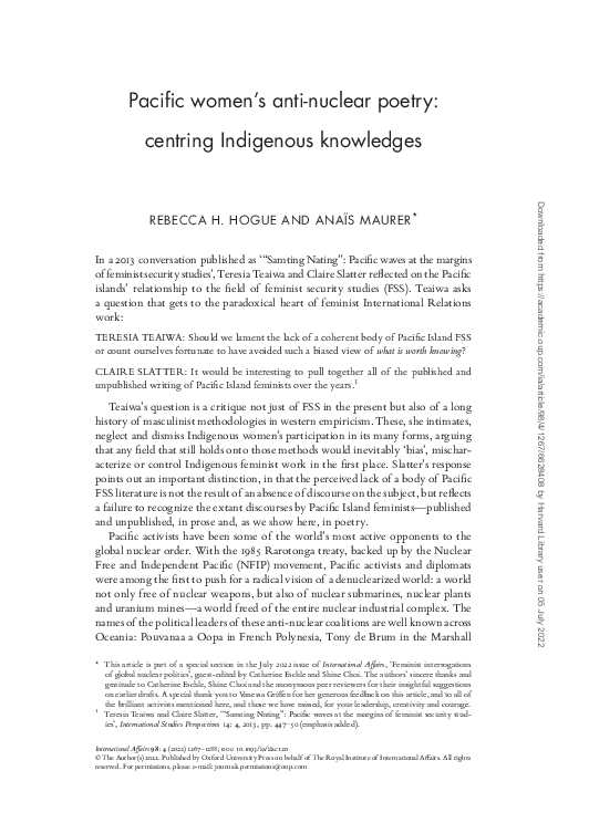 (PDF) Pacific women's anti-nuclear poetry: centring Indigenous knowledges