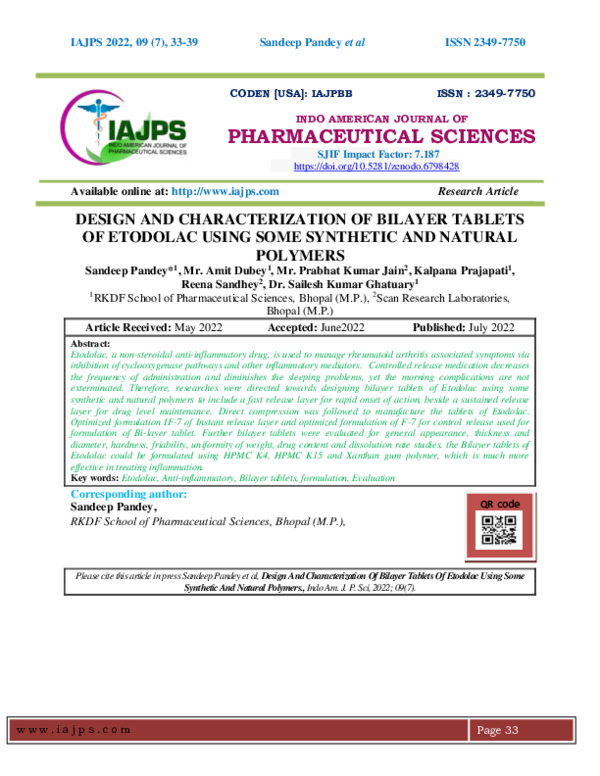 (PDF) DESIGN AND CHARACTERIZATION OF BILAYER TABLETS OF ETODOLAC USING ...
