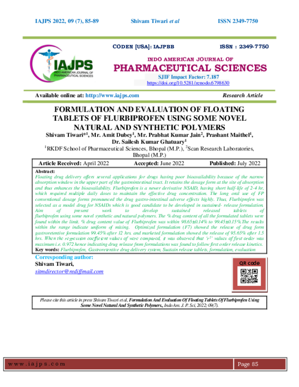 Pdf Formulation And Evaluation Of Floating Tablets Of Flurbiprofen Using Some Novel Natural