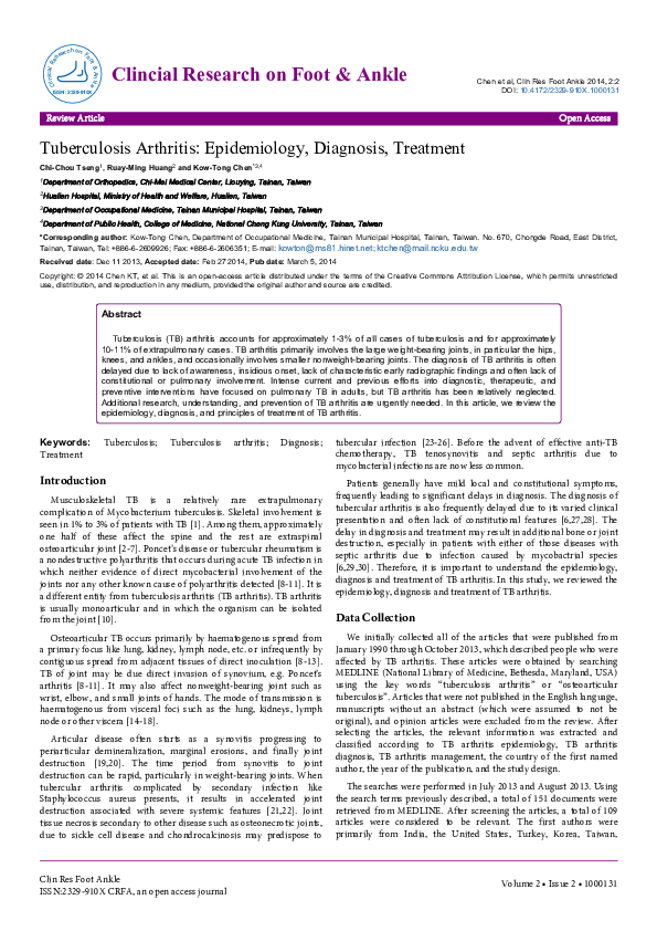 (PDF) Tuberculosis Arthritis: Epidemiology, Diagnosis, Treatment
