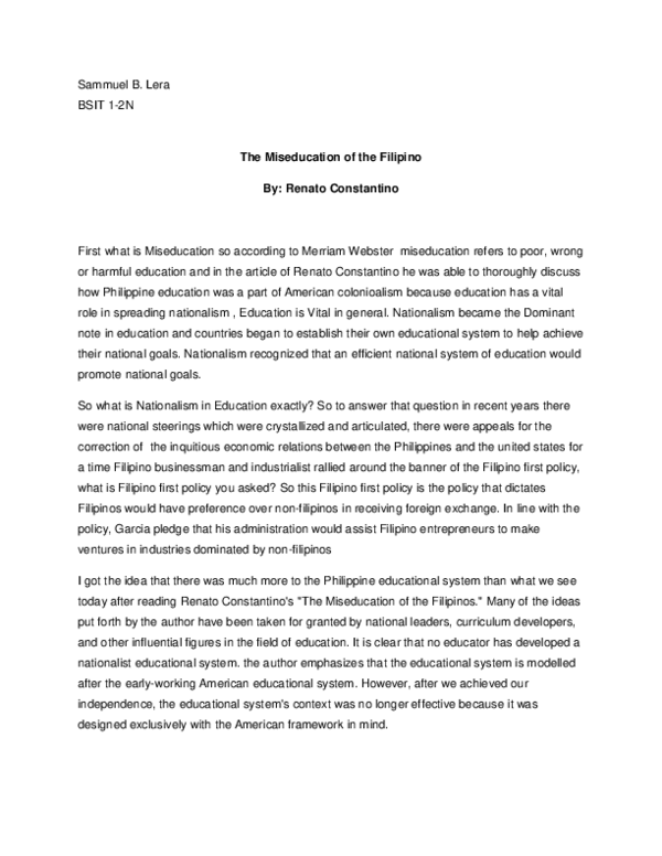 (PDF) The Miseducation of Filipinos By: Renato Constantino