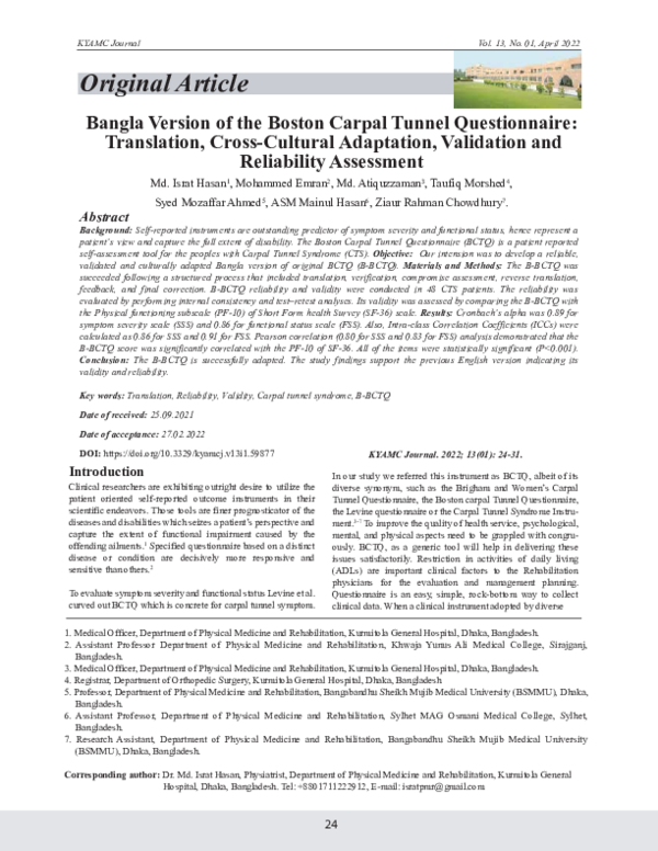 (PDF) Bangla Version of the Boston Carpal Tunnel Questionnaire: Translation, Cross-Cultural ...