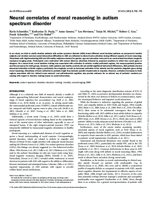 (PDF) Neural correlates of moral reasoning in autism spectrum disorder