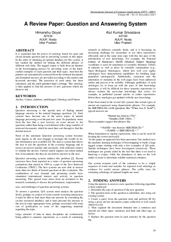 (PDF) A Review Paper: Question and Answering System