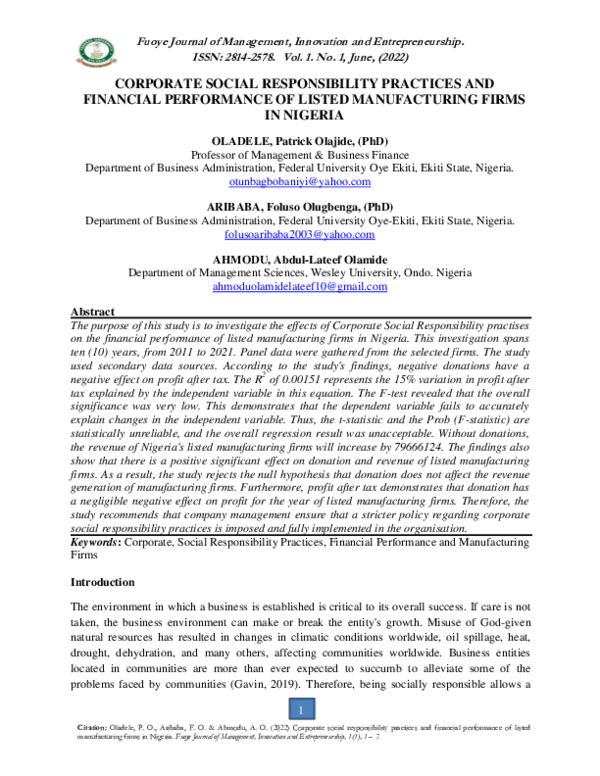 (PDF) CORPORATE SOCIAL RESPONSIBILITY PRACTICES AND FINANCIAL PERFORMANCE OF LISTED ...