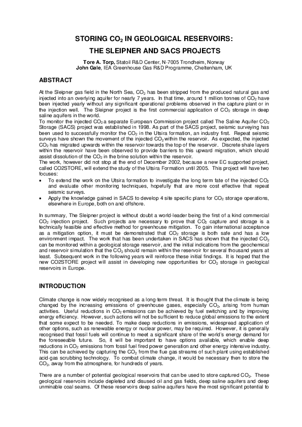 (PDF) Storing CO2 in Geological Reservoirs: The Sleipner and SACS Projects