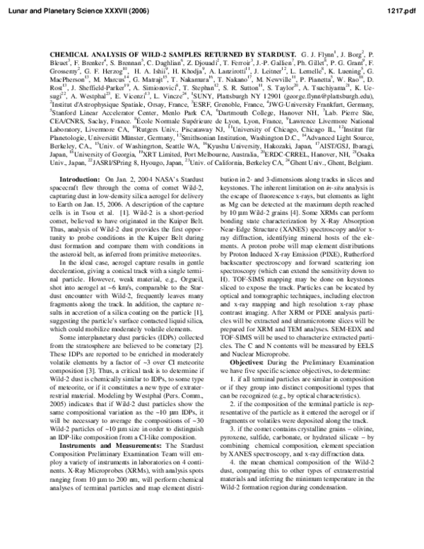 Pdf Chemical Analysis Of Wild2 Samples Returned By Stardust Susan Taylor