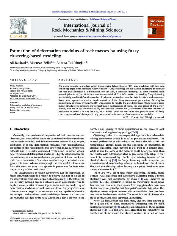 (PDF) Estimating Rock Mass Deformation Modulus with Fuzzy Clustering