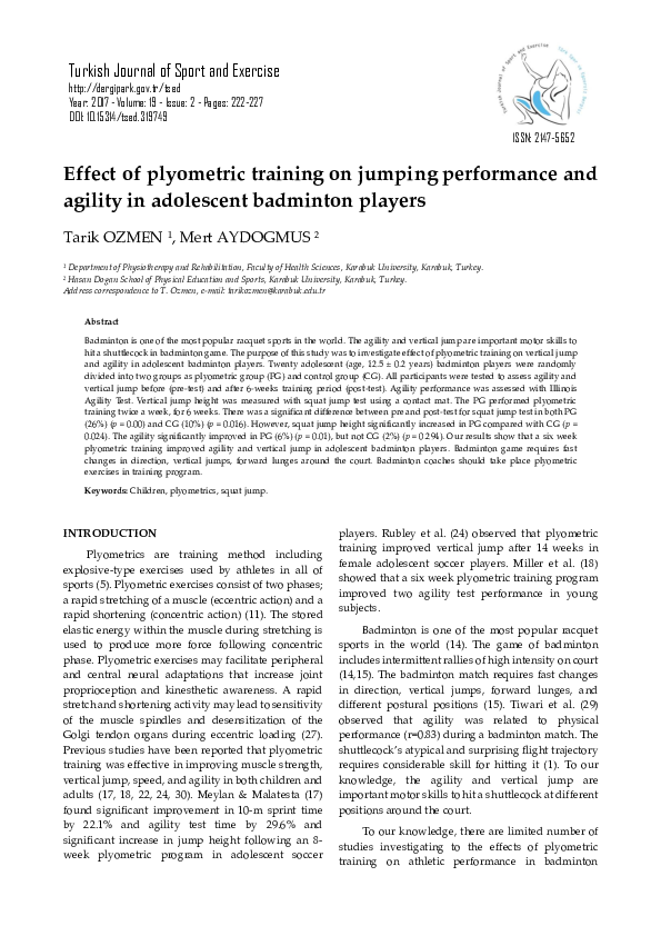 (PDF) Effect of plyometric training on jumping performance and agility in adolescent badminton ...