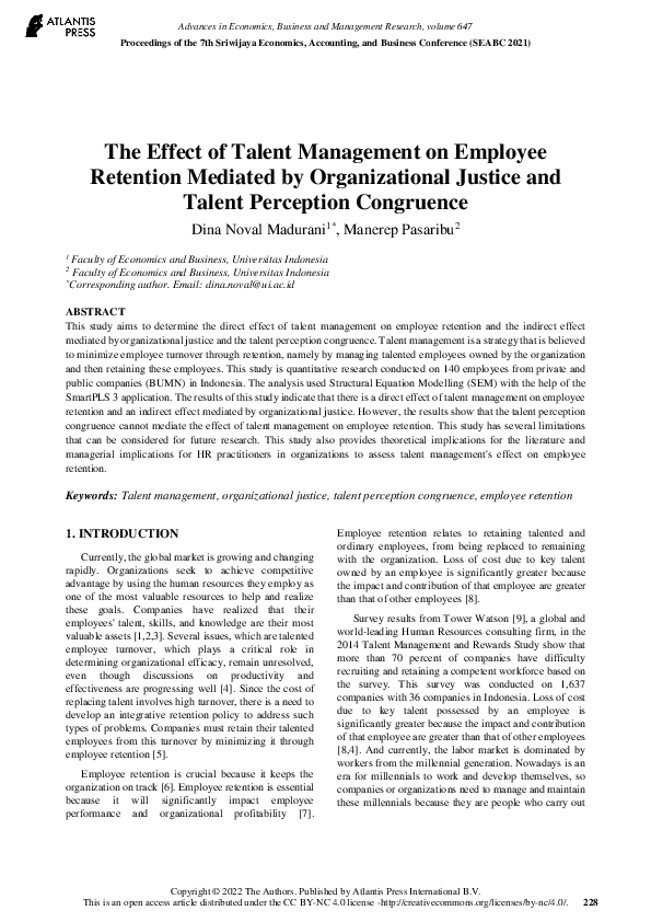 (PDF) The Effect of Talent Management on Employee Retention Mediated by Organizational Justice ...