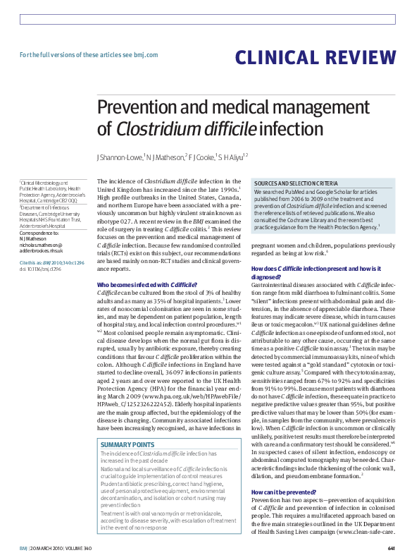 (PDF) Prevention and medical management of Clostridium difficile infection