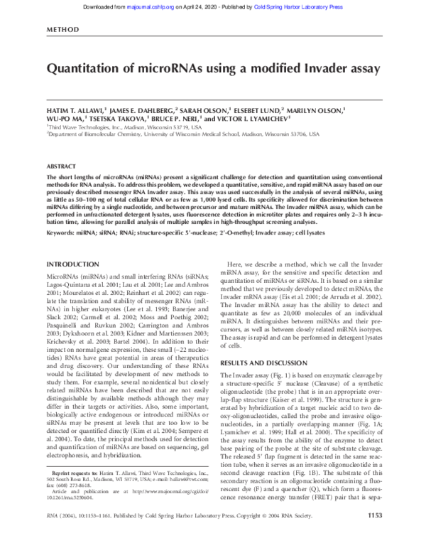(PDF) Quantitation of microRNAs using a modified Invader assay