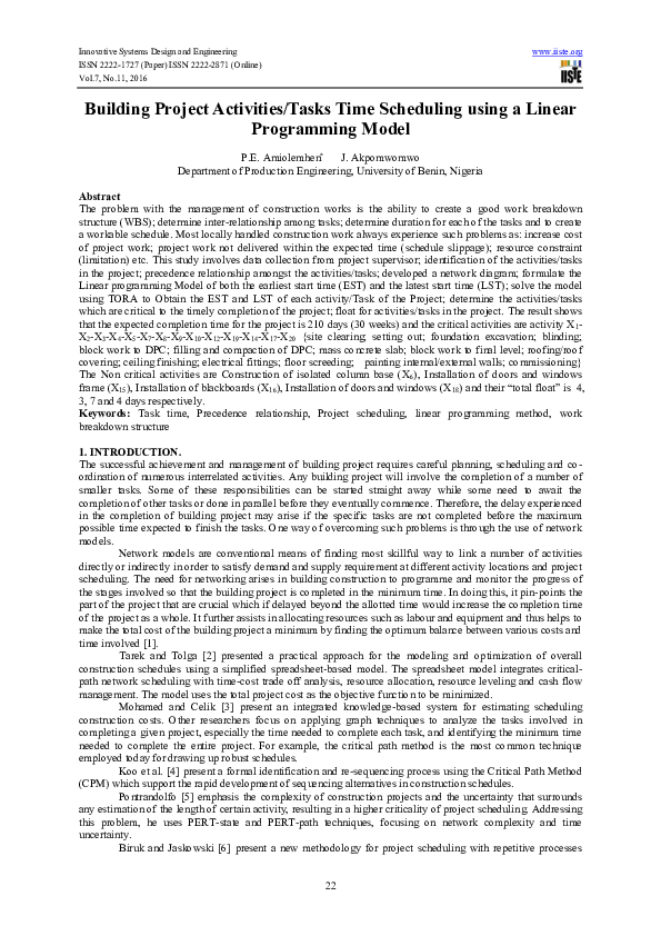 (PDF) Building Project Activities/Tasks Time Scheduling using a Linear Programming Model