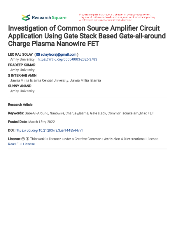 (PDF) Investigation of Common Source Amplifier Circuit Application Using Gate Stack Based Gate ...