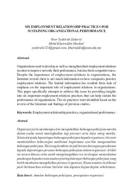 (PDF) Six Employment Relationship Practices for Sustaining Organizational Performance
