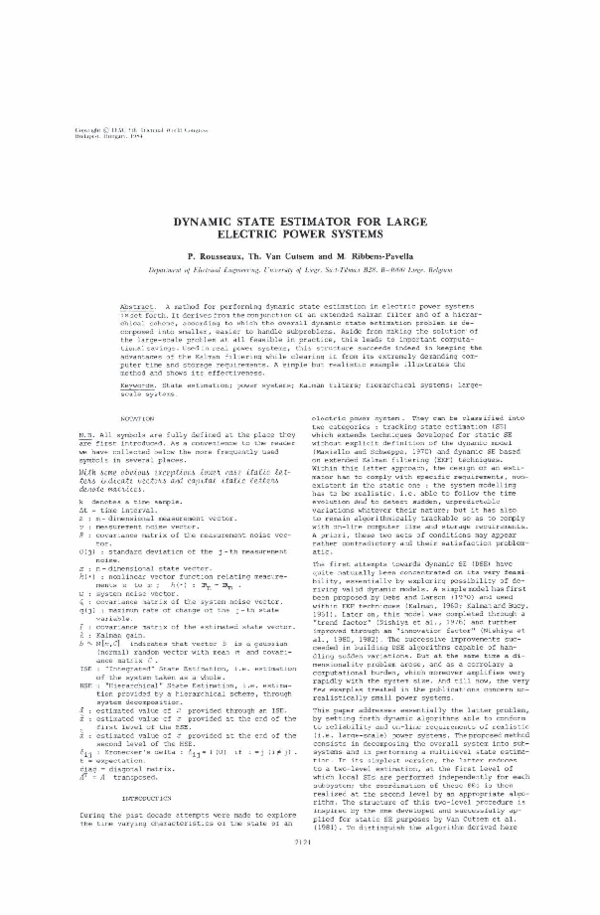 Pdf Dynamic State Estimator For Large Electric Power Systems