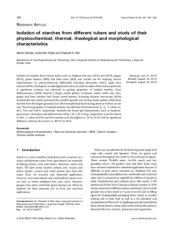 (PDF) Isolation of starches from different tubers and study of their physicochemical, thermal ...