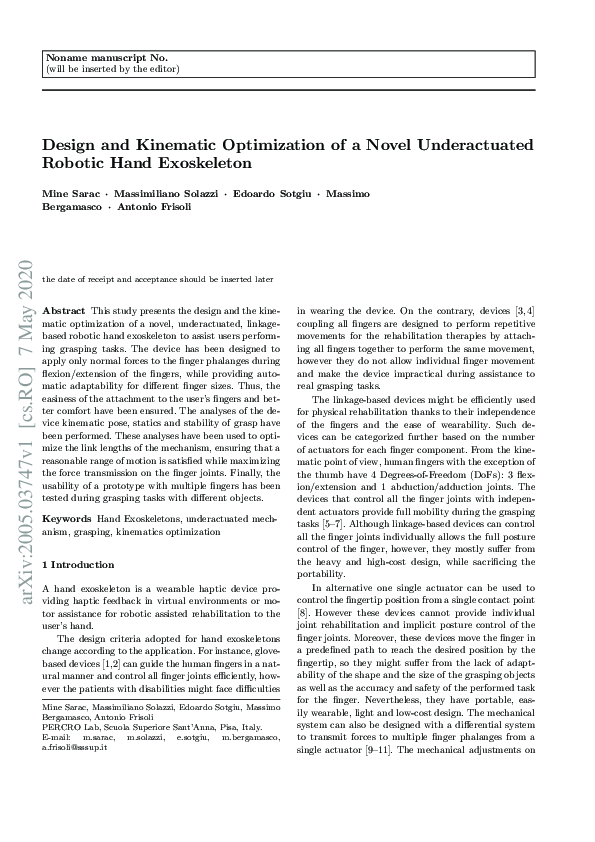 Pdf Design And Kinematic Optimization Of A Novel Underactuated Robotic Hand Exoskeleton