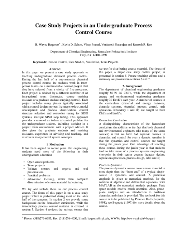 Pdf Case Study Projects In An Undergraduate Process Control Course