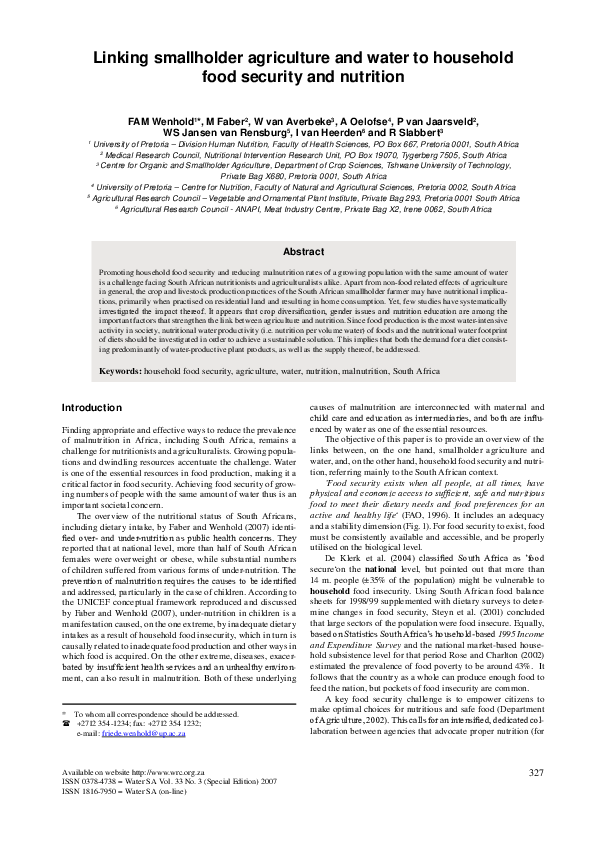 (PDF) Linking smallholder agriculture and water to household food security and nutrition