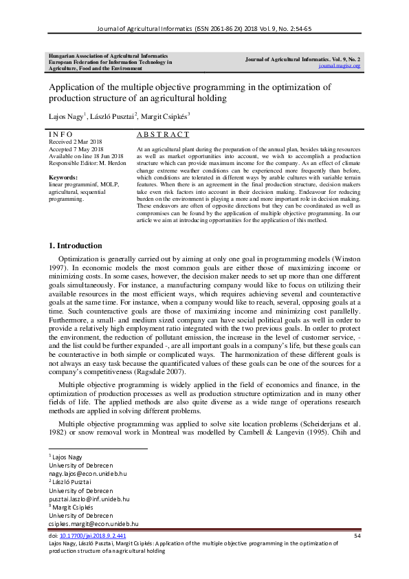 Pdf Application Of The Multiple Objective Programming In The Optimization Of Production 1366