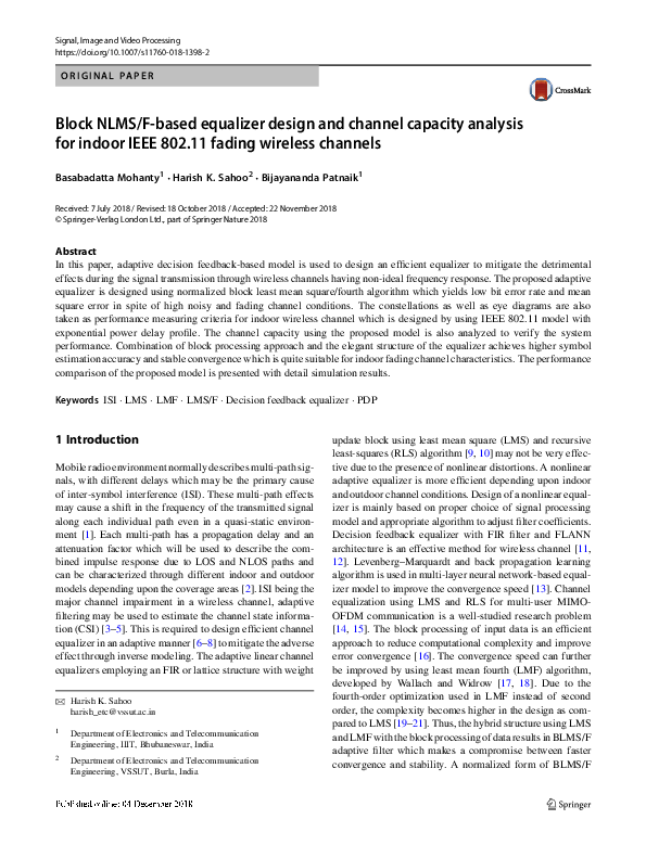 (PDF) Block NLMS/F-based equalizer design and channel capacity analysis for indoor IEEE 802.11 ...