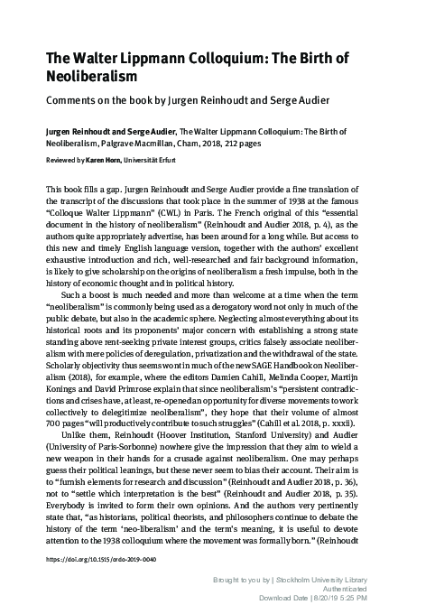 (PDF) The Walter Lippmann Colloquium: The Birth of Neoliberalism