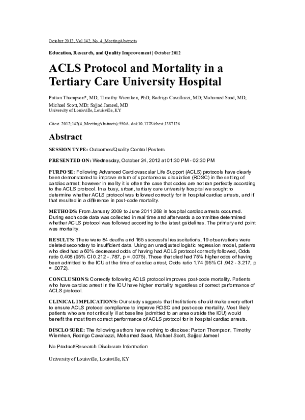 (PDF) ACLS Protocol and Mortality in a Tertiary Care University Hospital