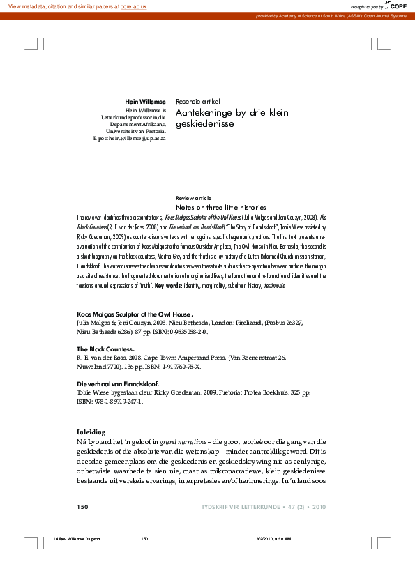 (PDF) Aantekeninge by drie klein geskiedenisse | Hein Willemse ...