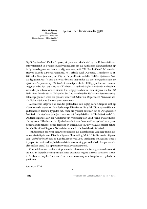(PDF) Tydskrif vir Letterkunde @ 80 | Hein Willemse - Academia.edu